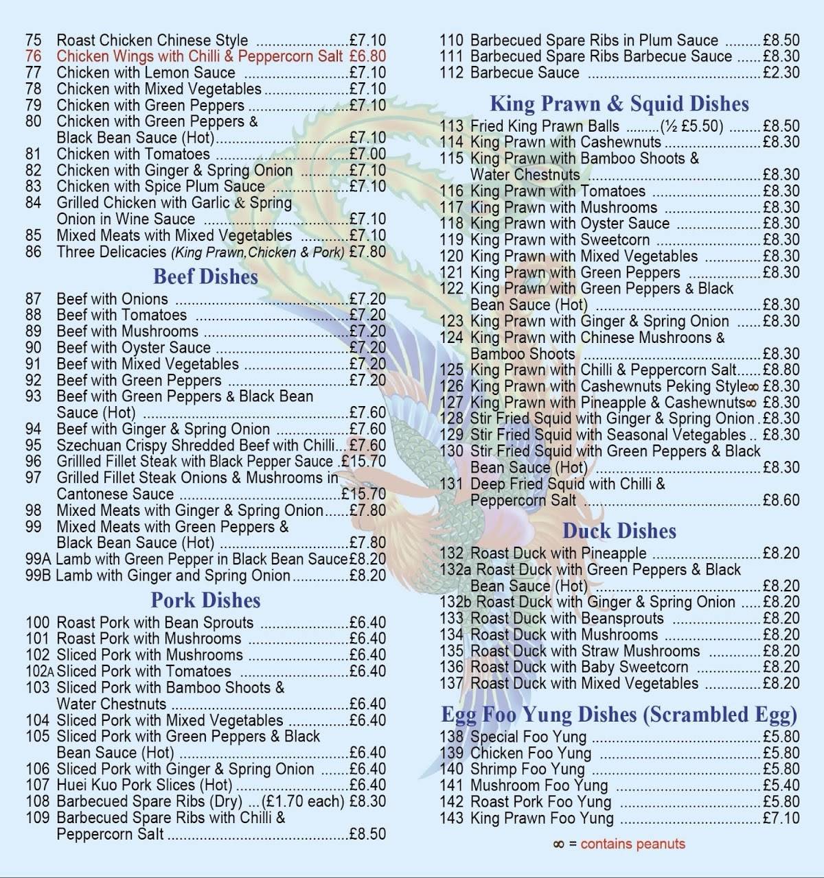 Menu at Phoenix Chinese takeaway fast food, London, 5 Lever St