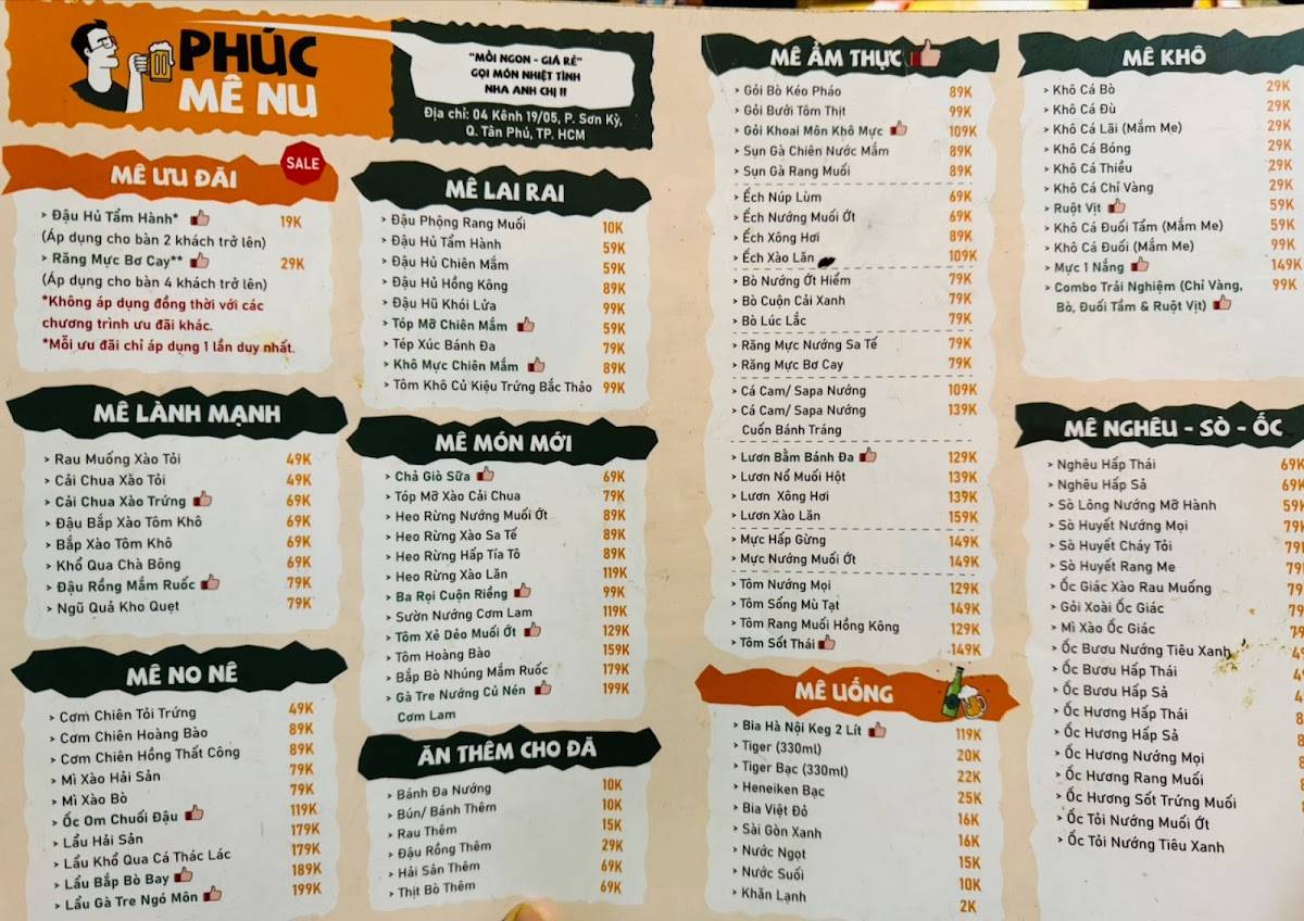 Menu at Phúc Mê Nhậu restaurant, Ho Chi Minh City