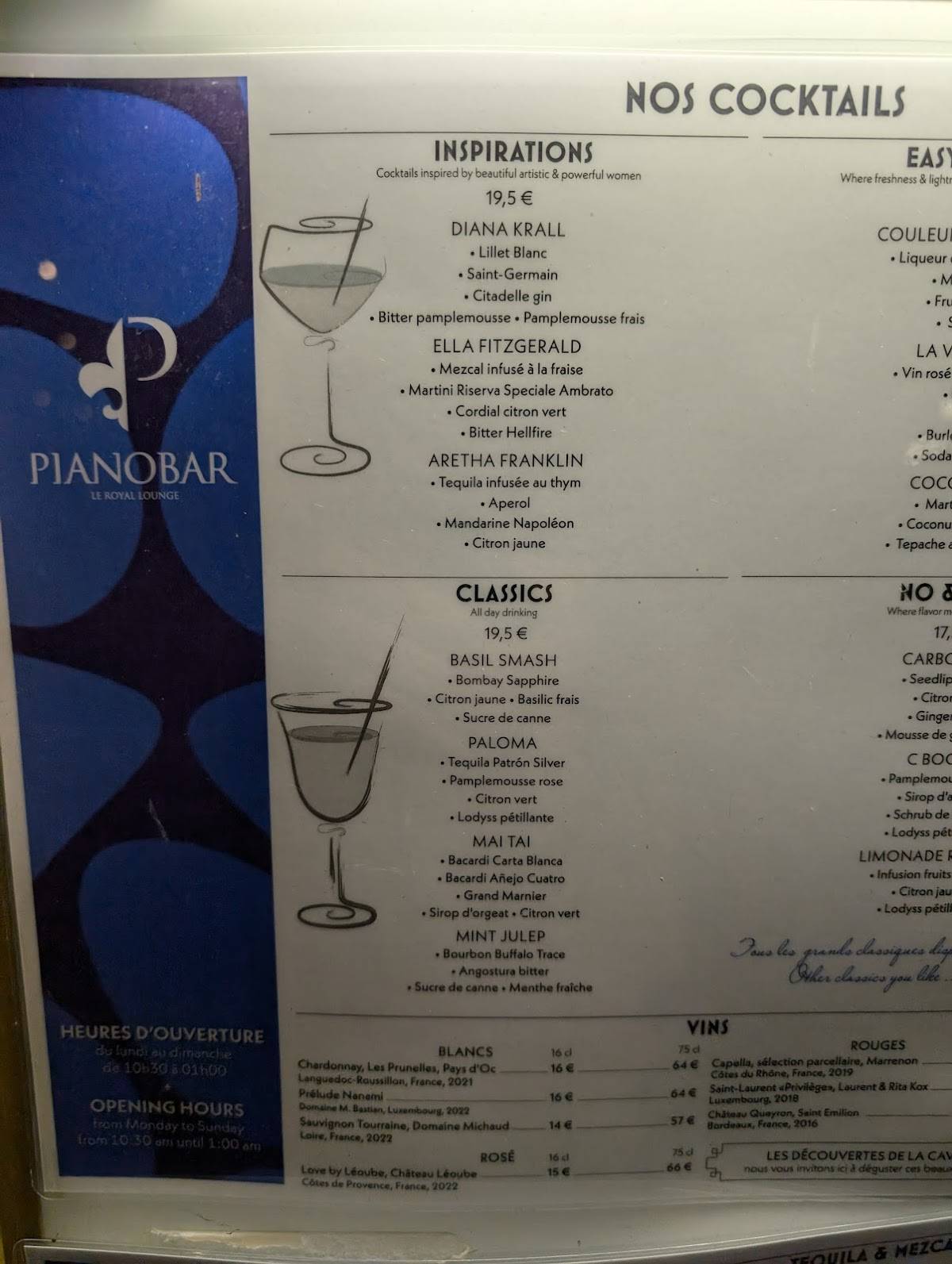 Menu au Piano Bar, Luxembourg