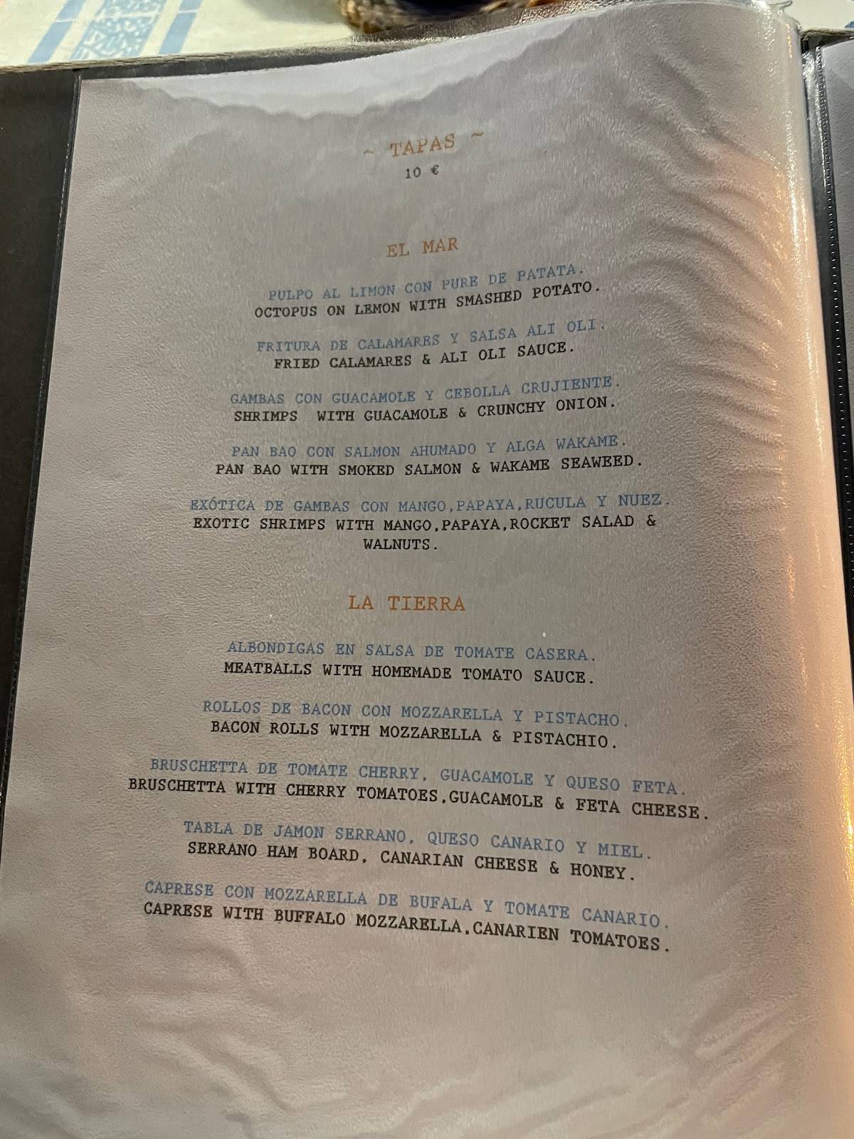 Menu at Picamar Tapas Bistrò restaurant, Costa Adeje