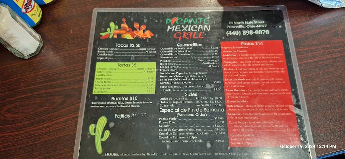 Menu at Picante Mexican Grill restaurant, Painesville