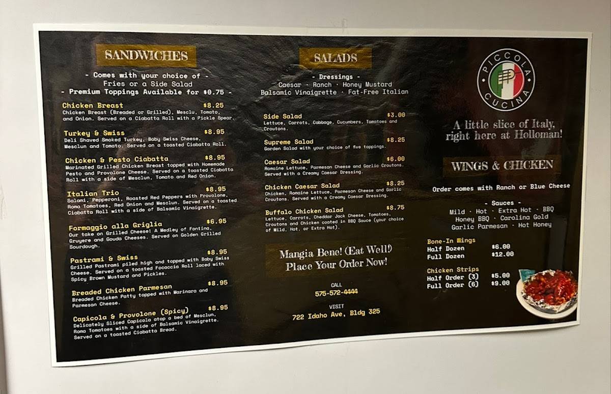 Menu at Piccola Cucina pizzeria, Holloman Air Force Base