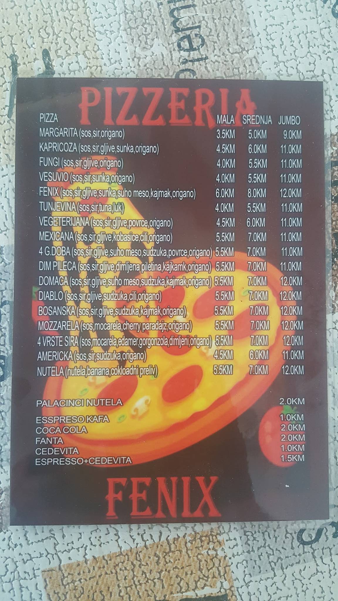 Speisekarte von Pizzeria Fenix, Sarajevo