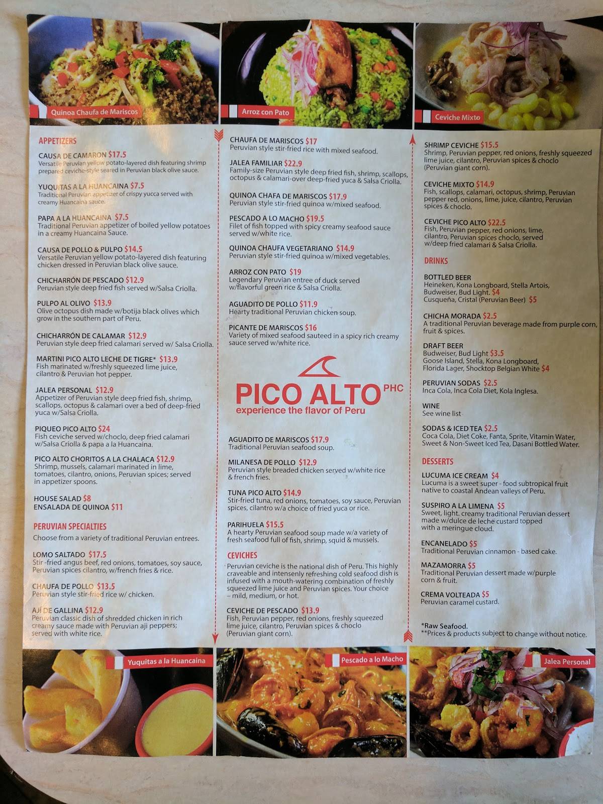 Menu at Pico Alto PHC Peruvian Restaurant, Indialantic