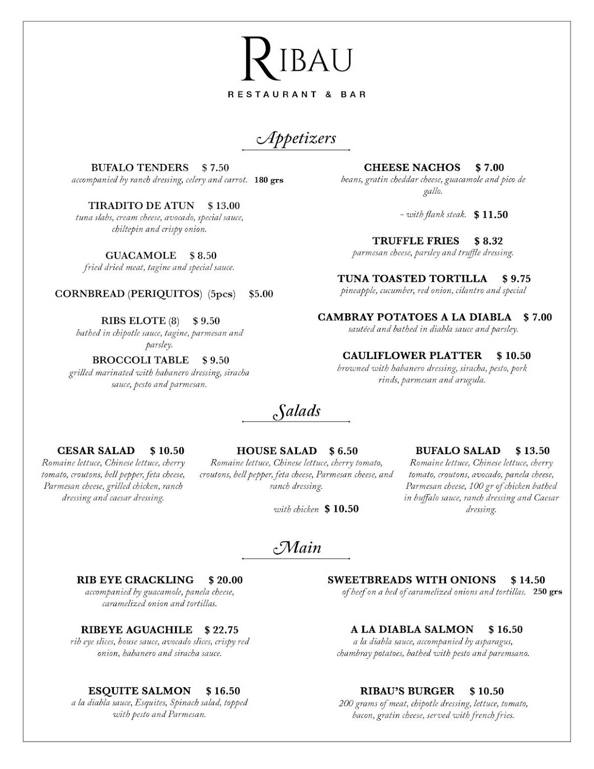 Menu at Ribau Restaurante & Bar, Piedras Negras