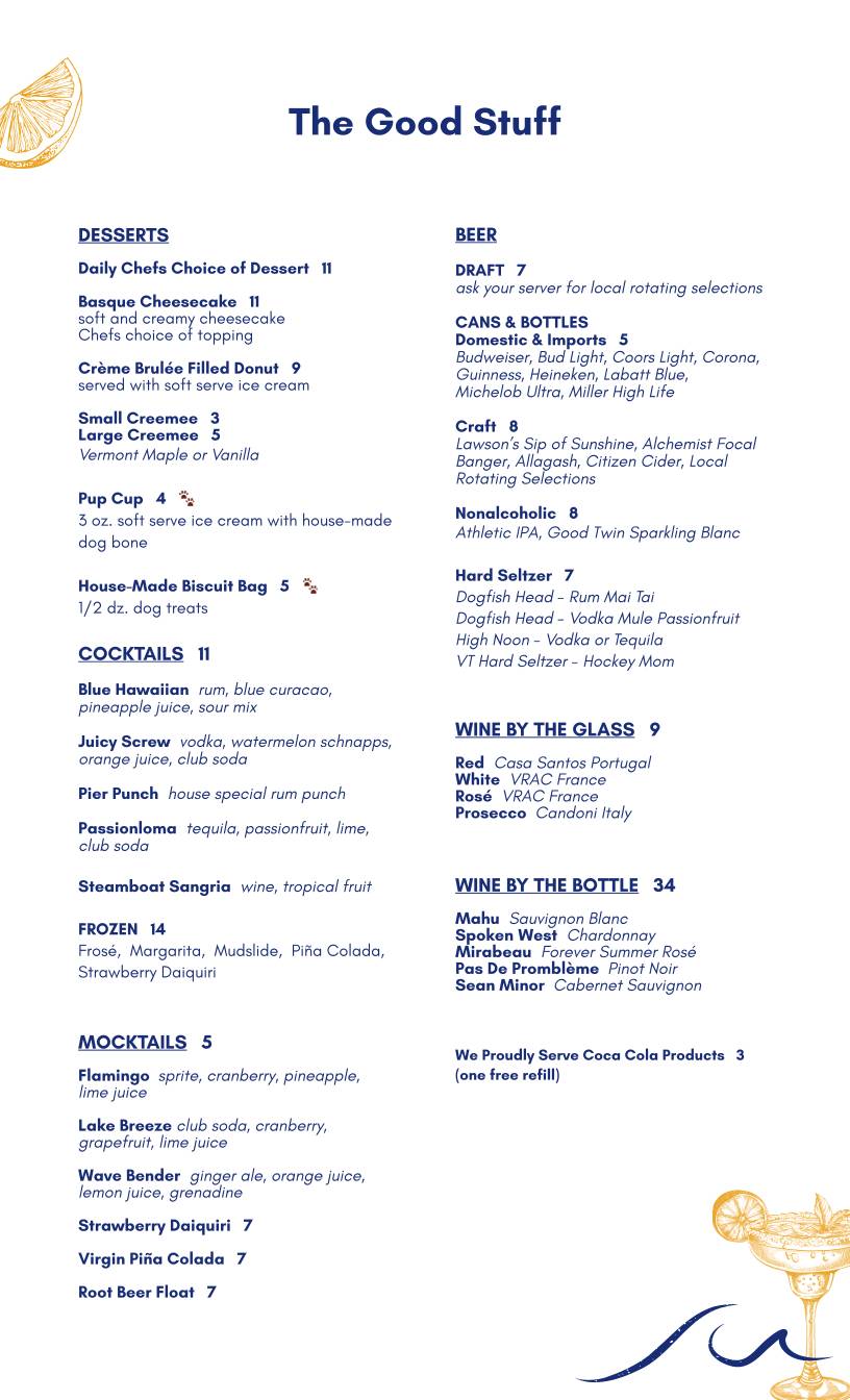 Menu at Pier Bar at the North Hero House, North Hero