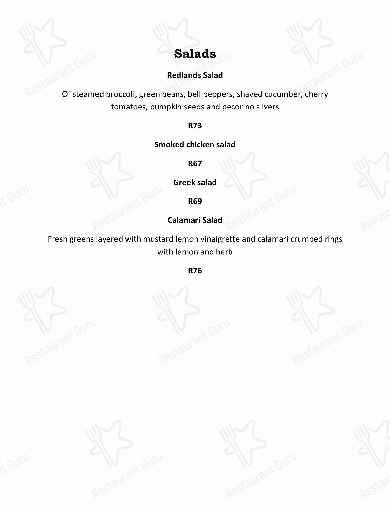 Menu at Redlands Hotel & Conference Centre, Pietermaritzburg