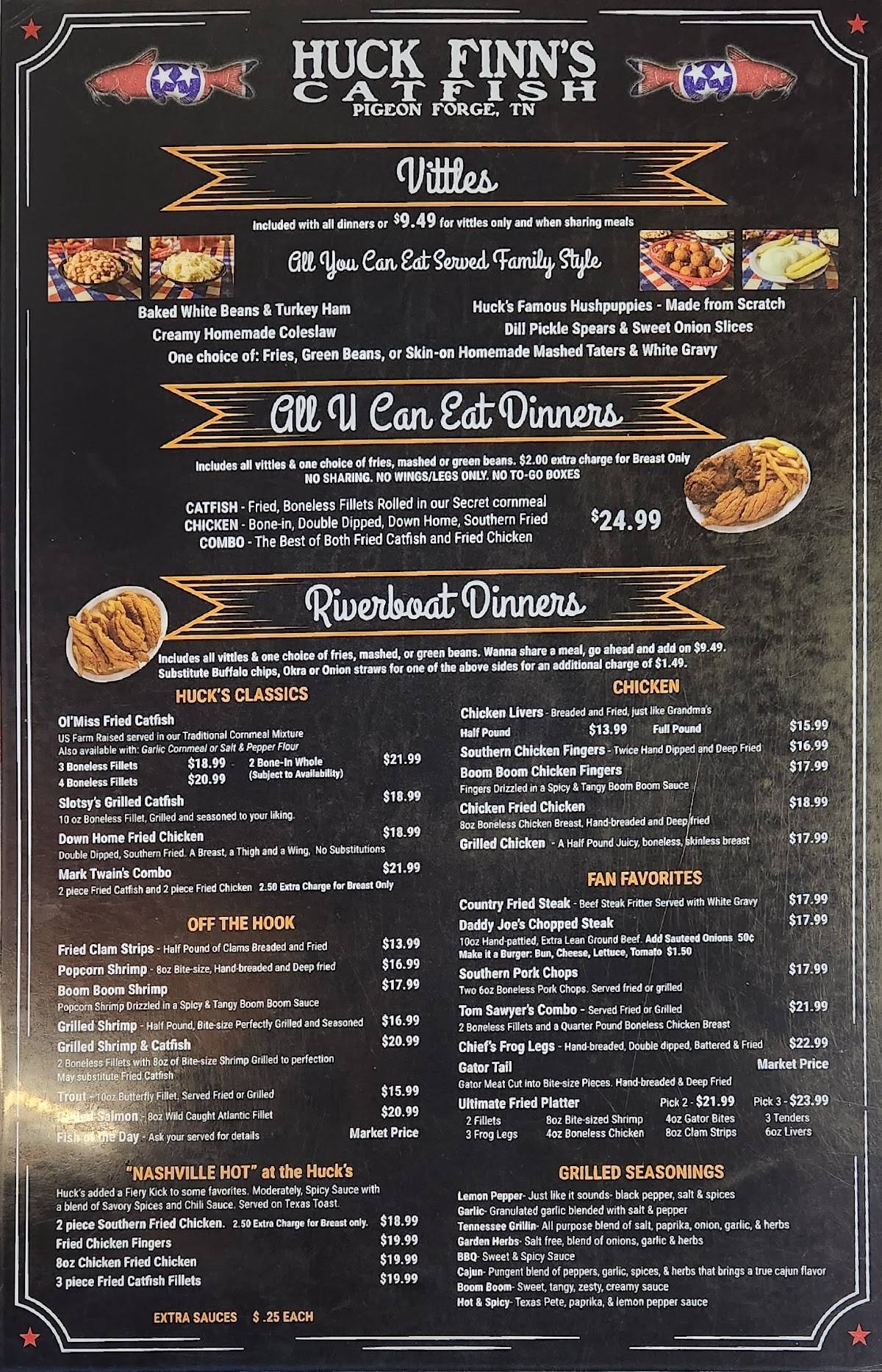 Menu at Huck Finn's Catfish restaurant, Pigeon Forge