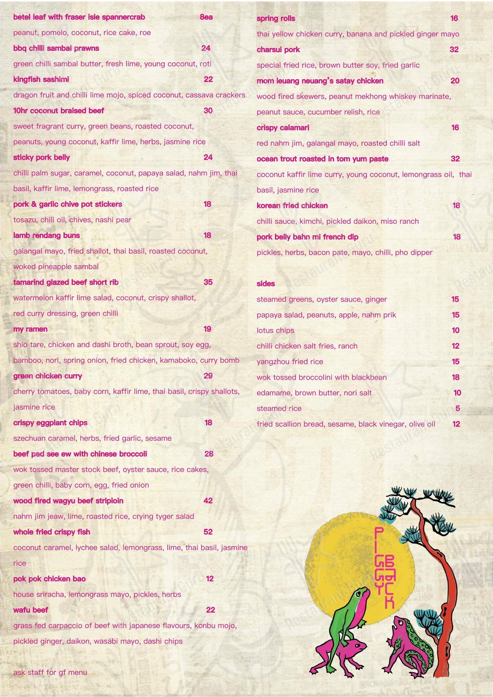 Menu at Piggyback restaurant, Palmwoods