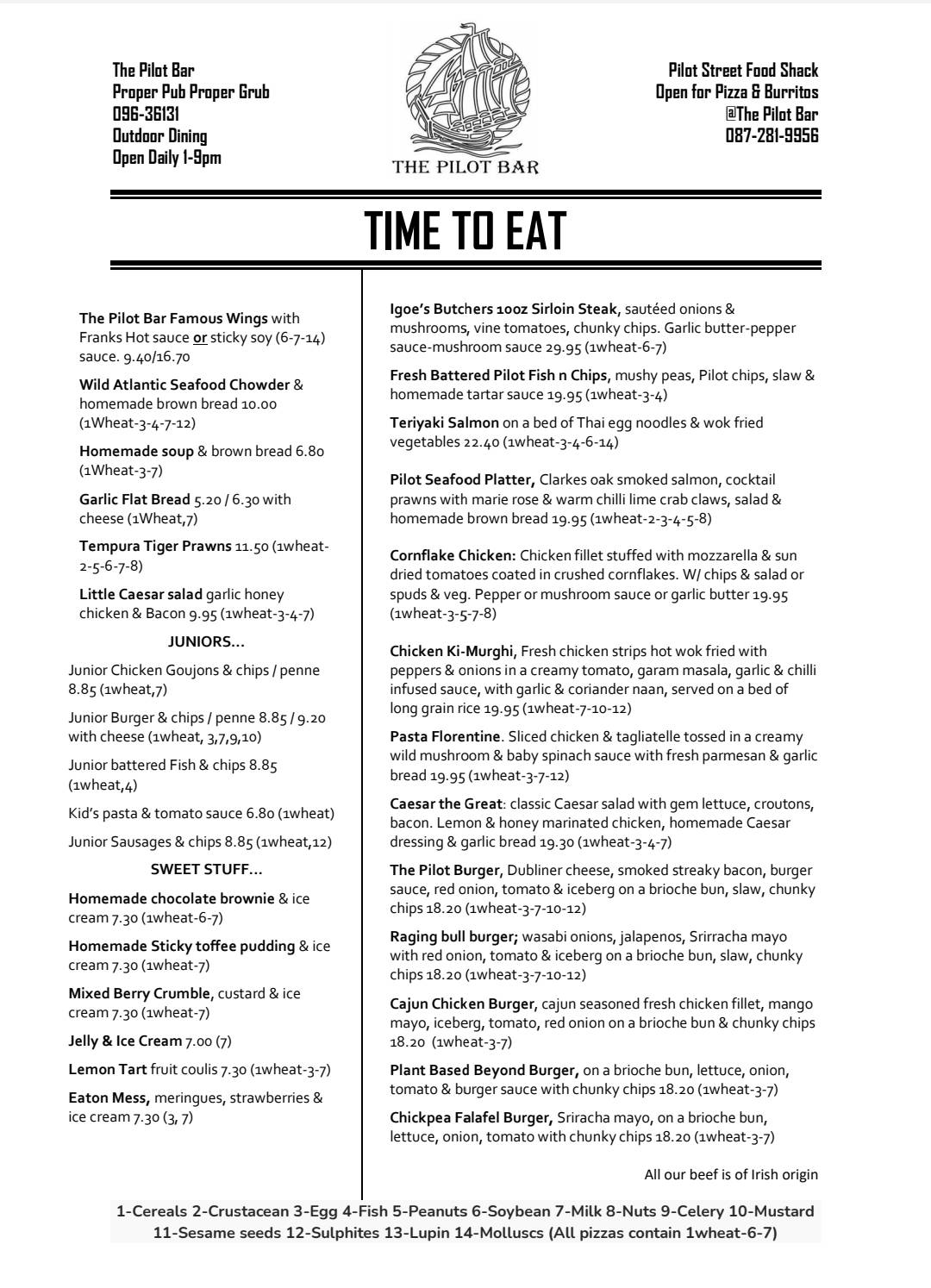 Menu at Pilot Bar, Enniscrone