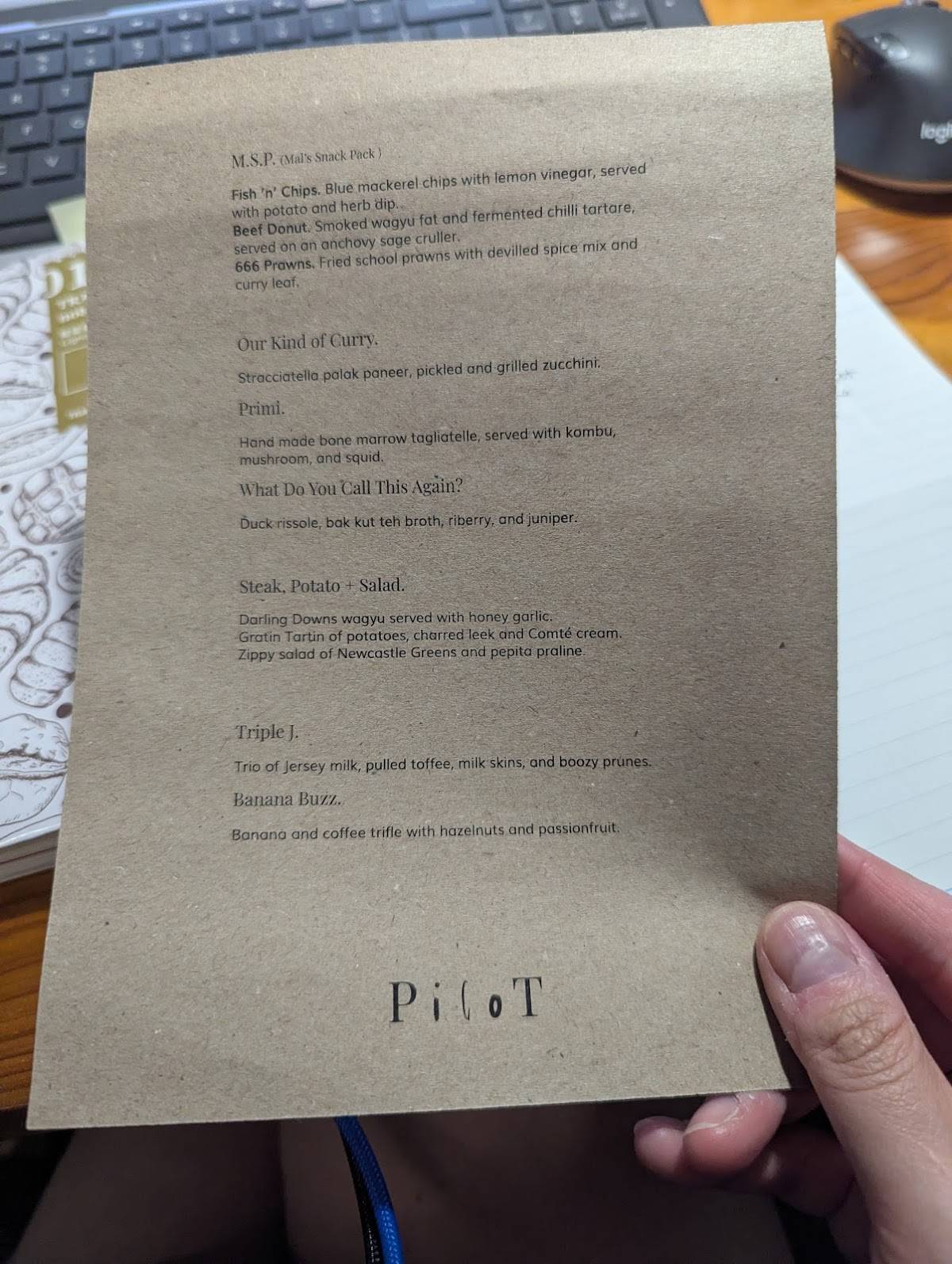 Menu at Pilot. restaurant, Ainslie