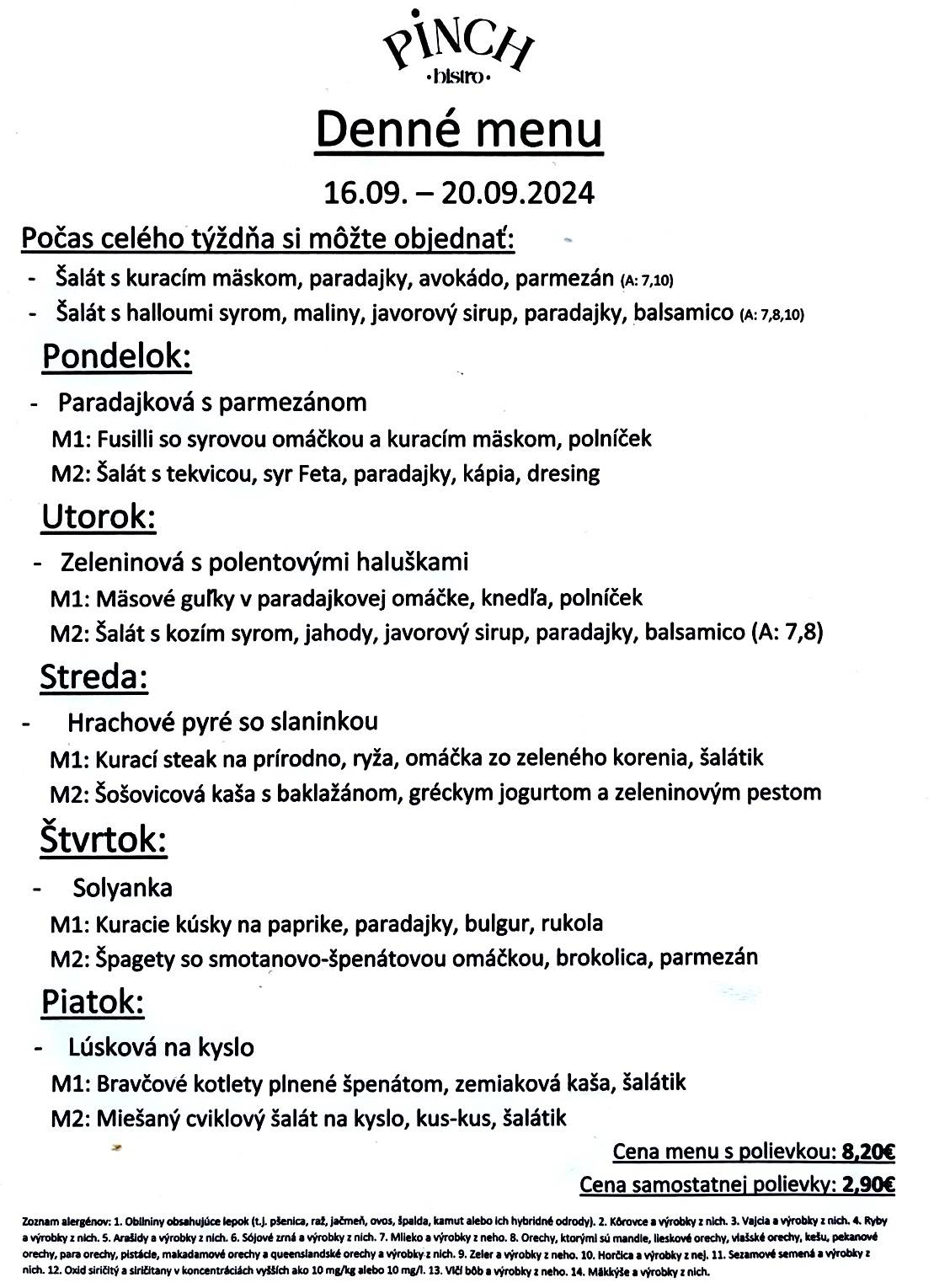 Menu at Pinch restaurant, Bratislava