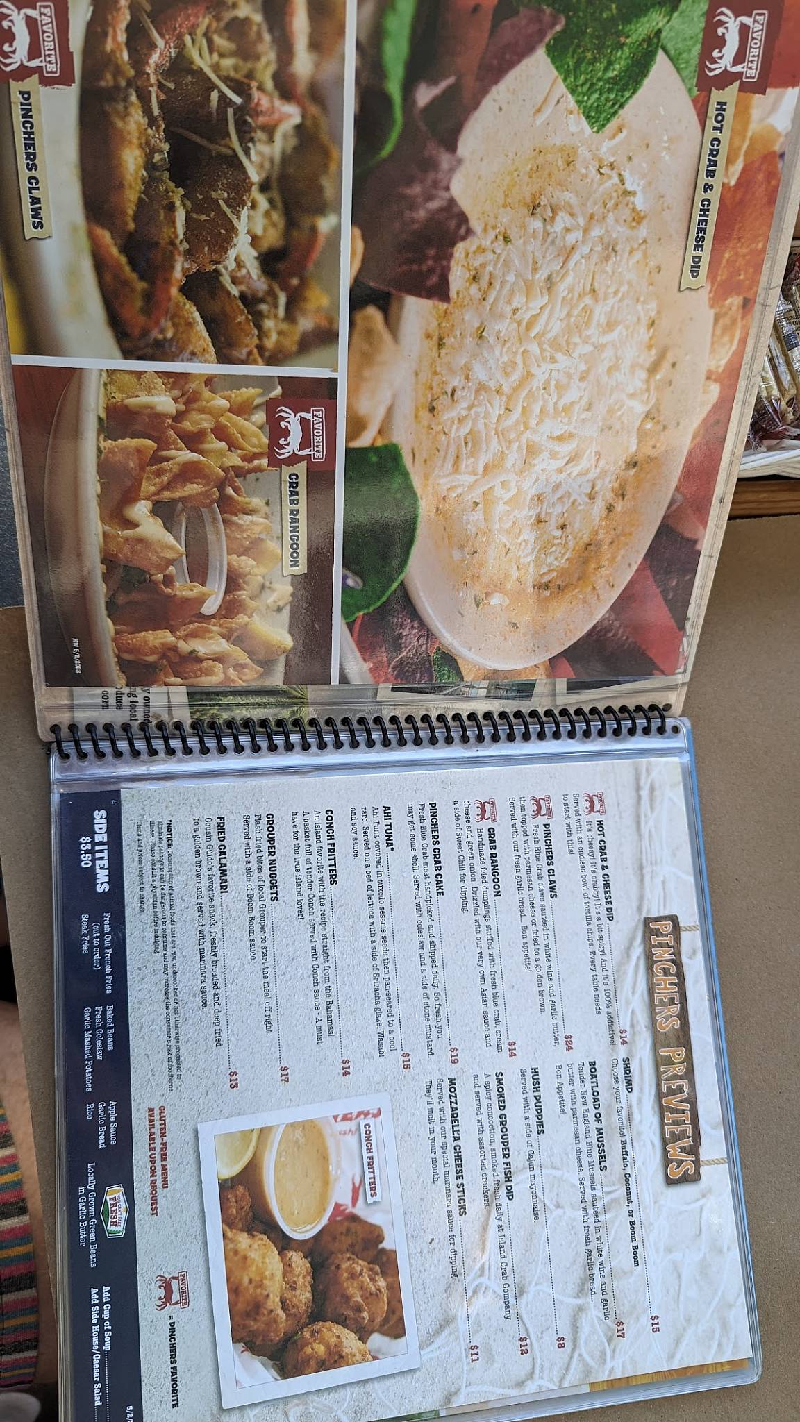 Menu at Pinchers restaurant, Key West
