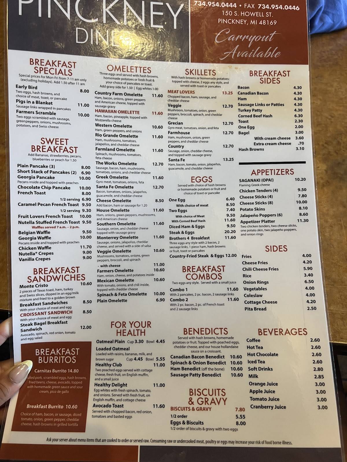 Menu at Pinckney Diner restaurant, Pinckney, 150 S Howell St