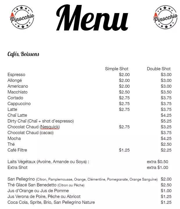 Menu at Pinocchio Cafè cafe, Montréal
