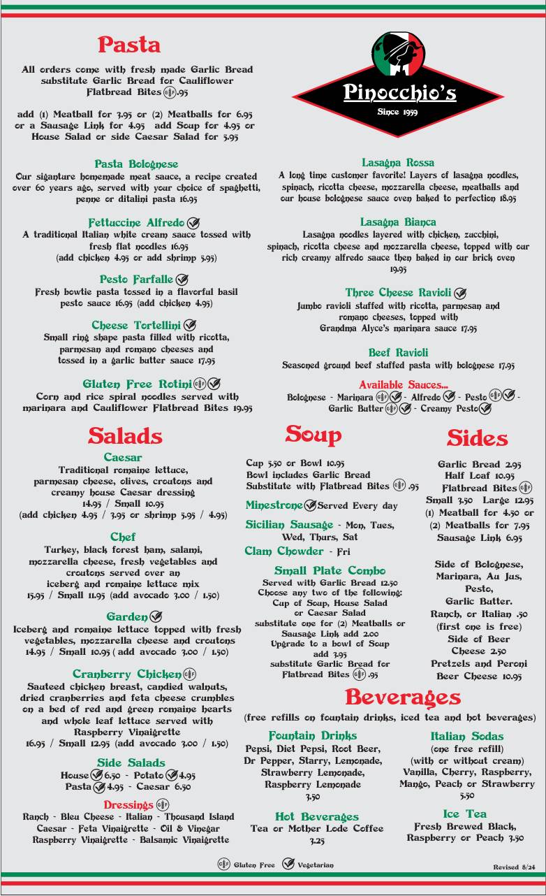 Menu at Pinocchio's restaurant, Sonora