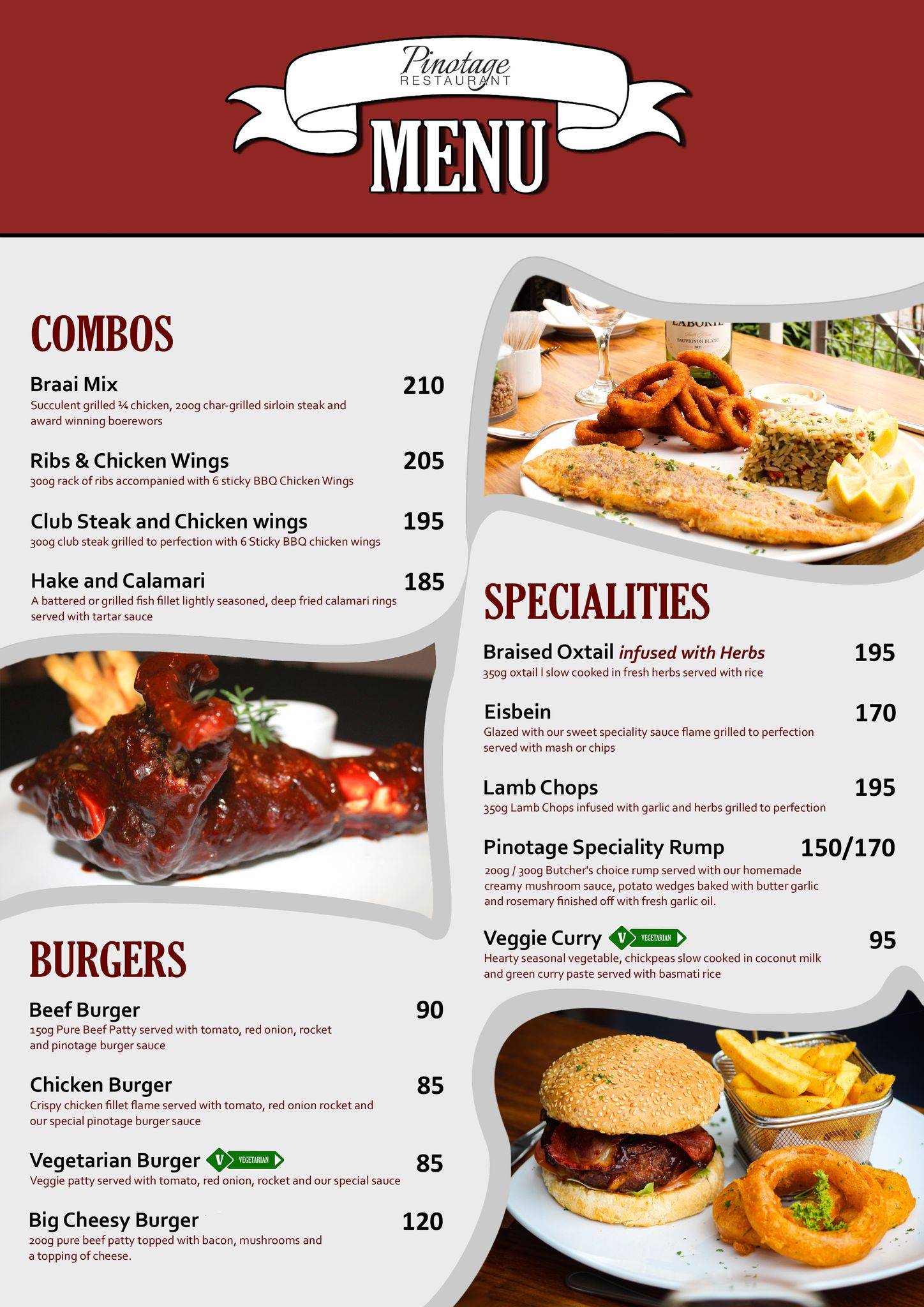 Menu at Pinotage Restaurant, Klerksdorp