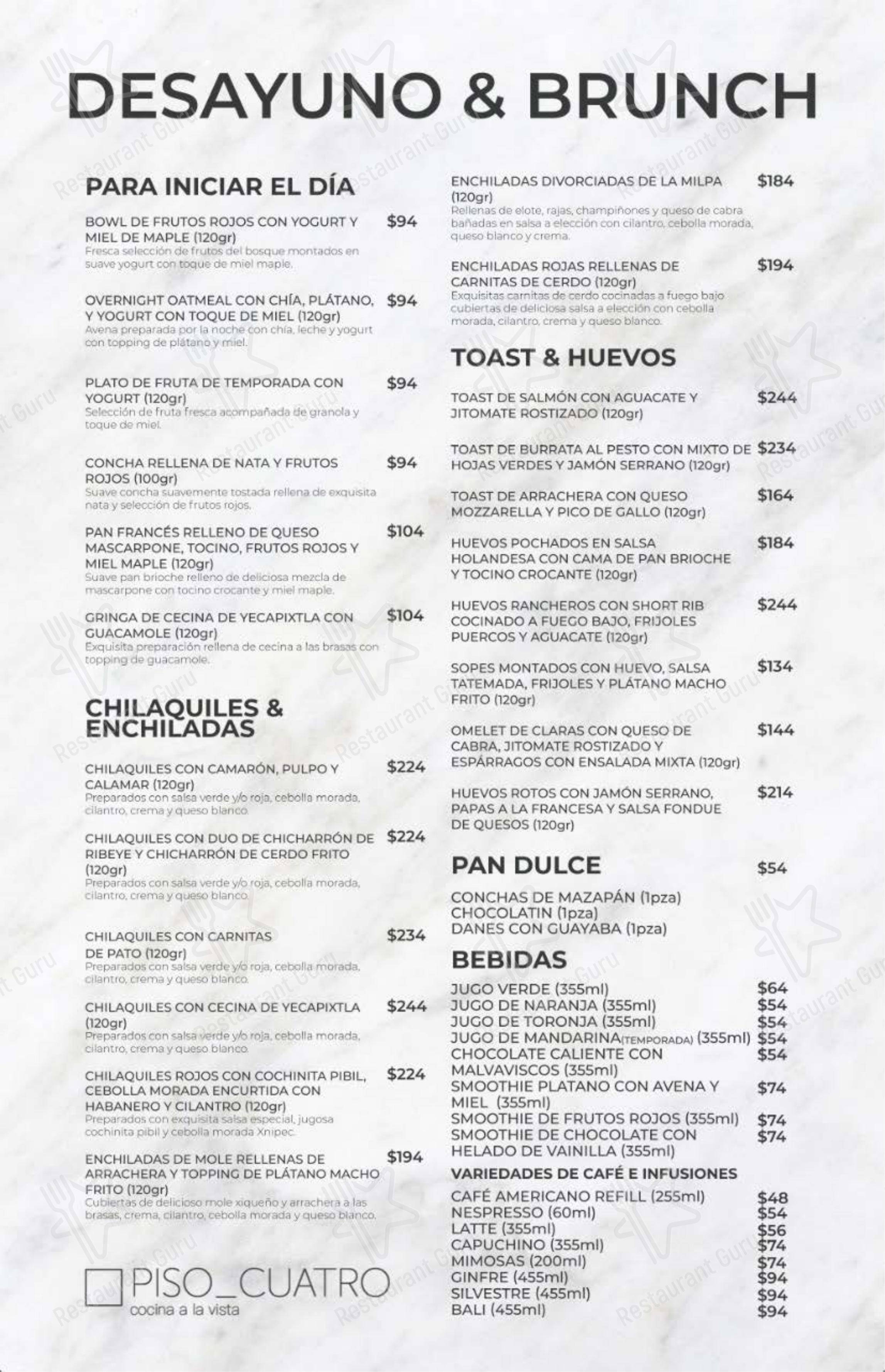 Carta del restaurante Piso Cuatro, Ciudad López Mateos, Circuito plaza ...
