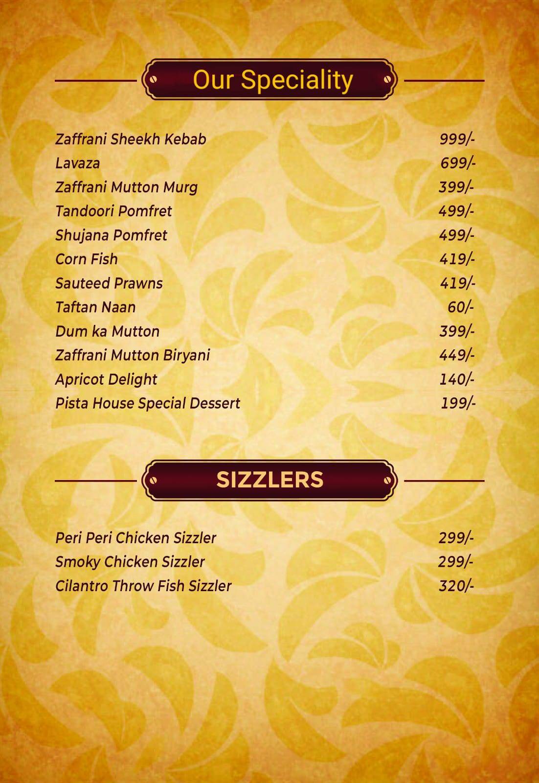 Menu at Pista house Anantapur, Anantapur