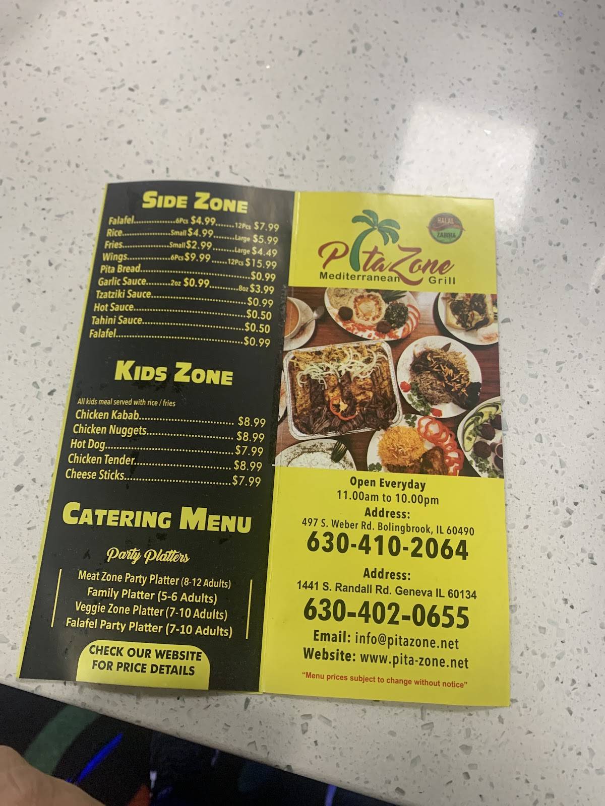 Menu at Pita Zone Mediterranean Grill restaurant, Bolingbrook