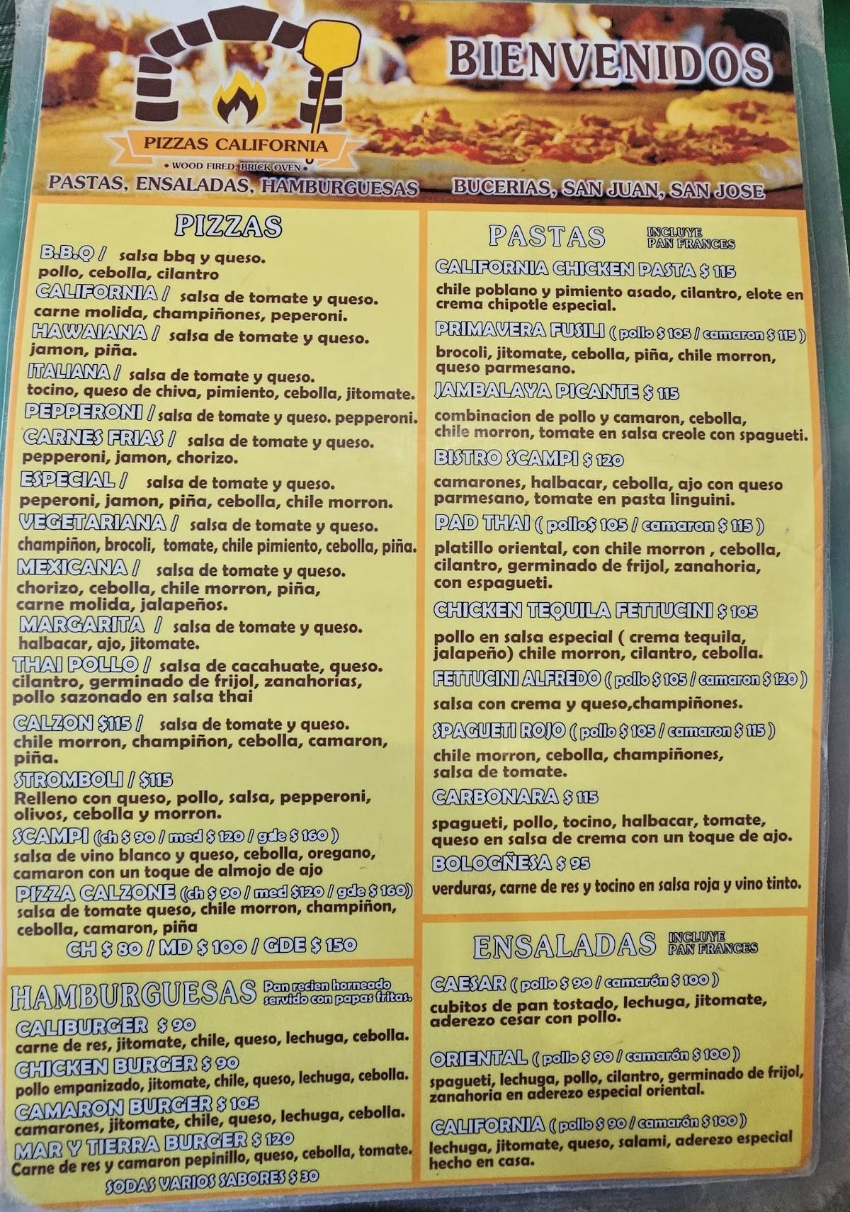 Menu at Pizza California restaurant, Bucerías, Estaciones 9