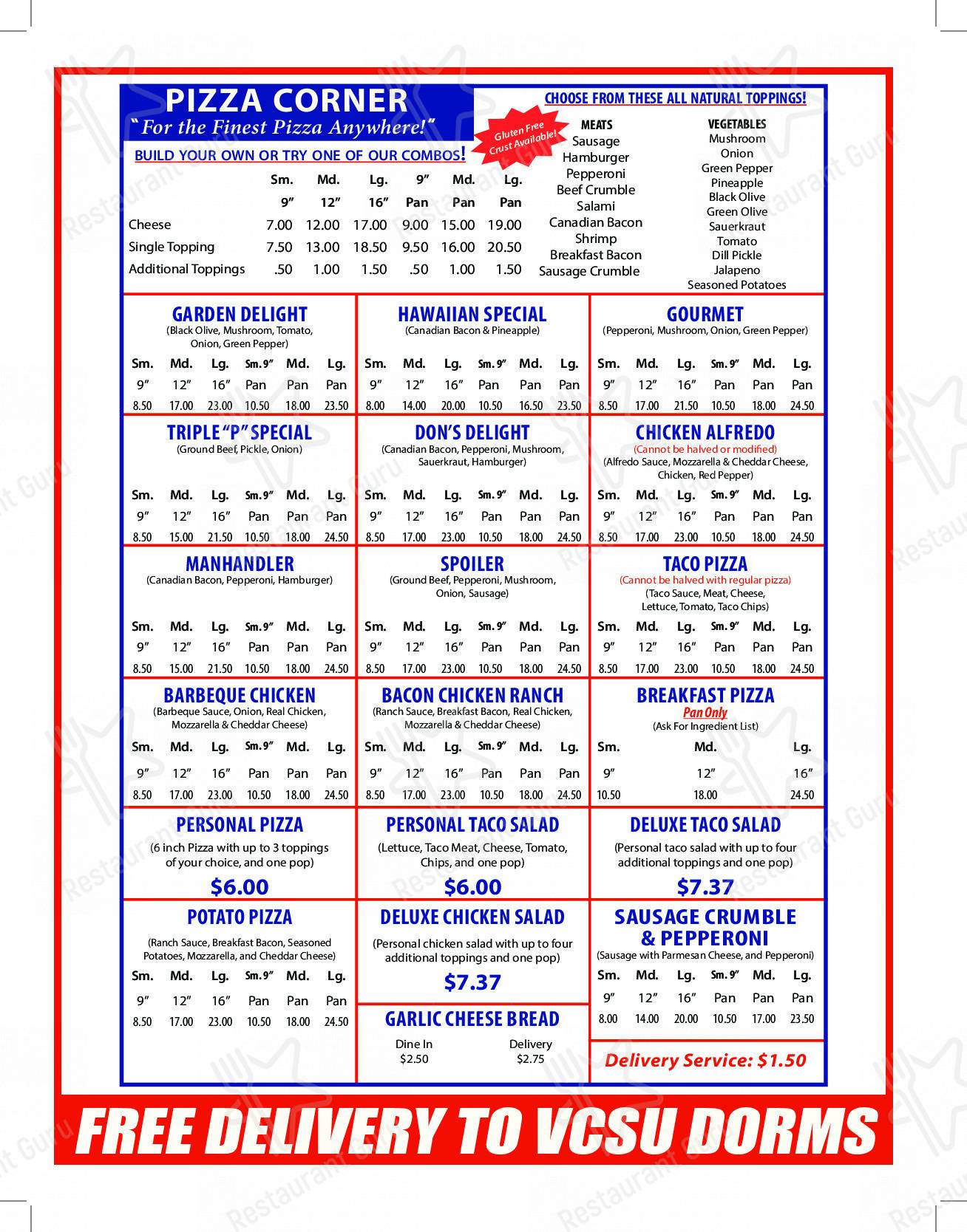 Carta de Pizza Corner Restaurant, Valley City, 202 Main St E