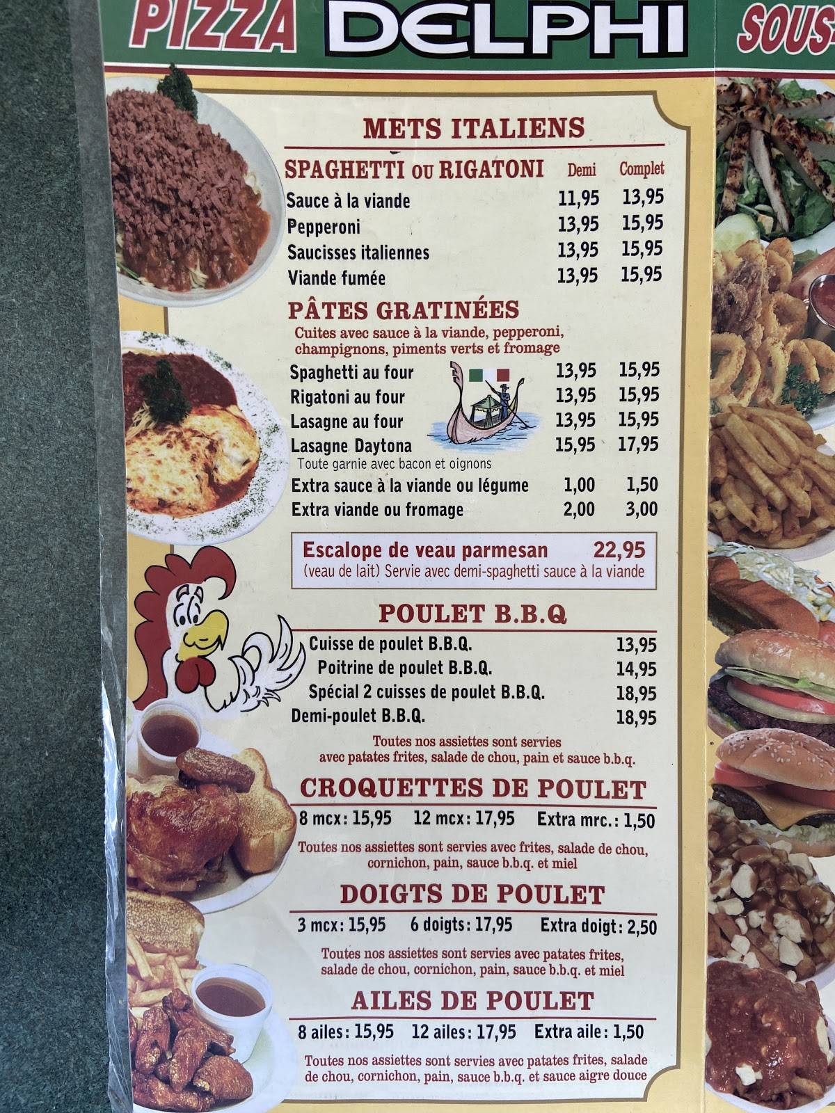 Menu au Pizza Delphi Sous-Marins pizzeria, Mirabel
