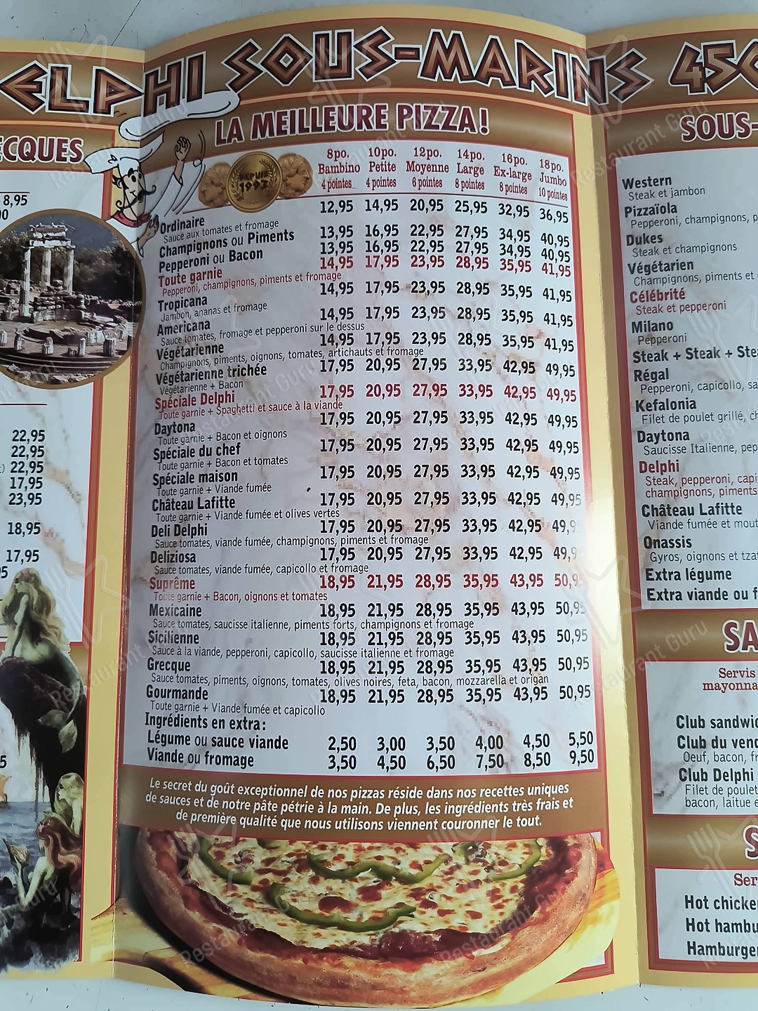 Menu au Pizza Delphi Sous-Marins pizzeria, Mirabel