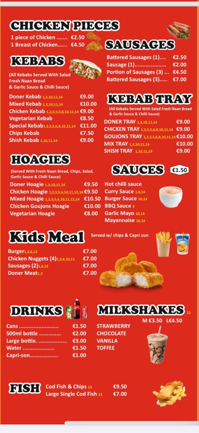 Menu at Pizza House restaurant, Clones