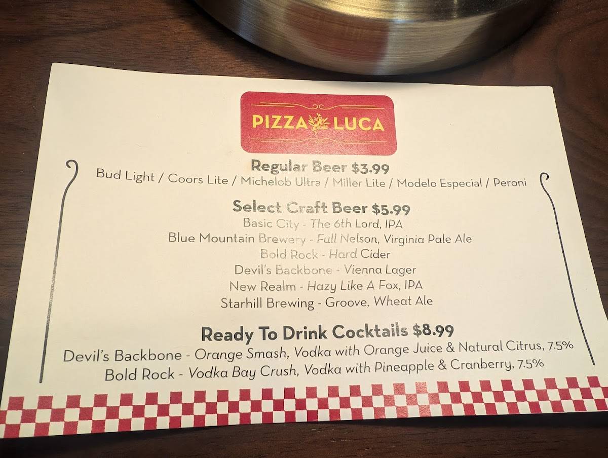Menu at Pizza Luca pizzeria, Staunton