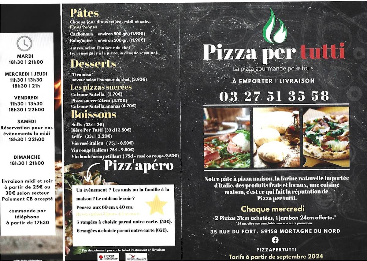 Menu au Pizza Per Tutti restaurant, Mortagne-du-Nord