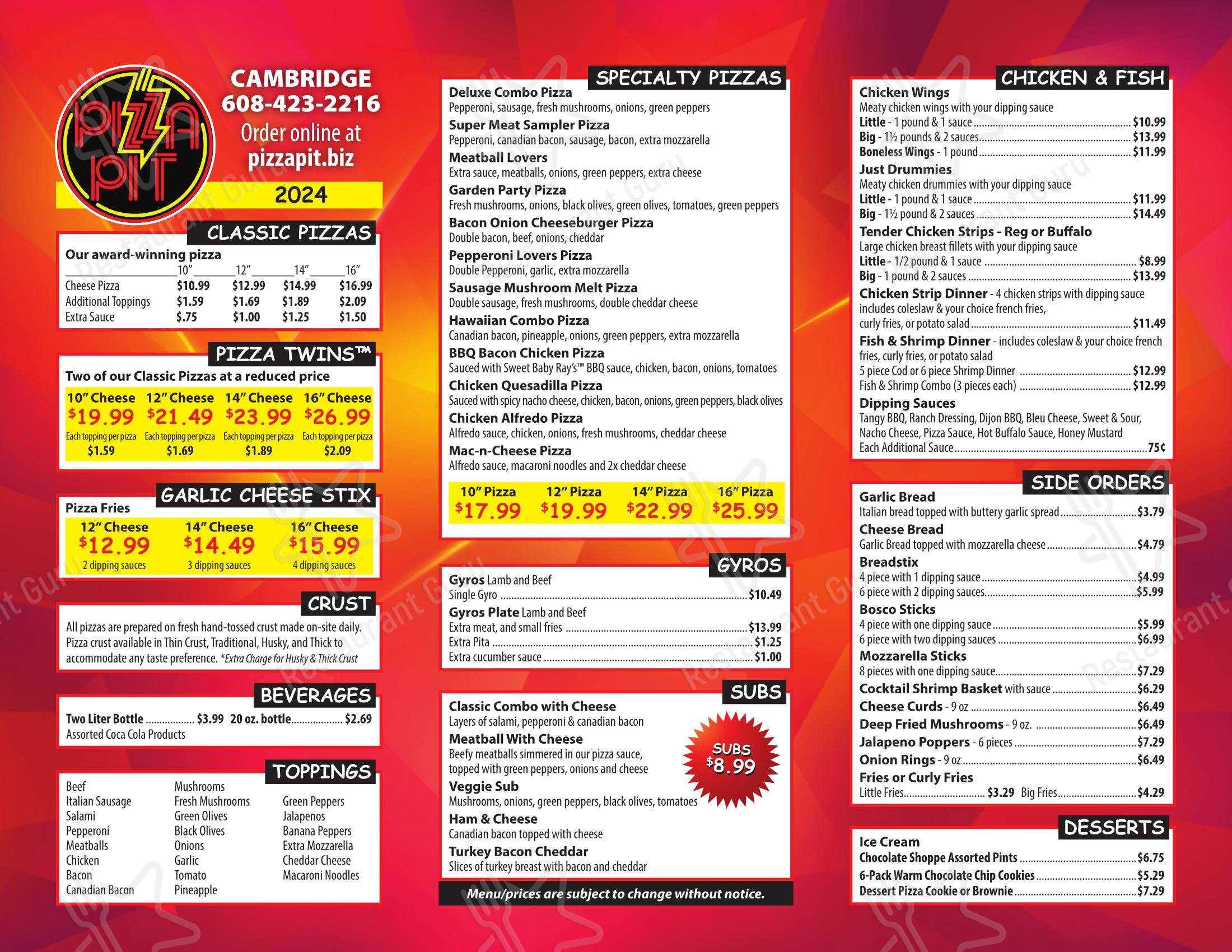 Menu at Pizza Pit - Cambridge / Deerfield pizzeria, Cambridge, 607 ...