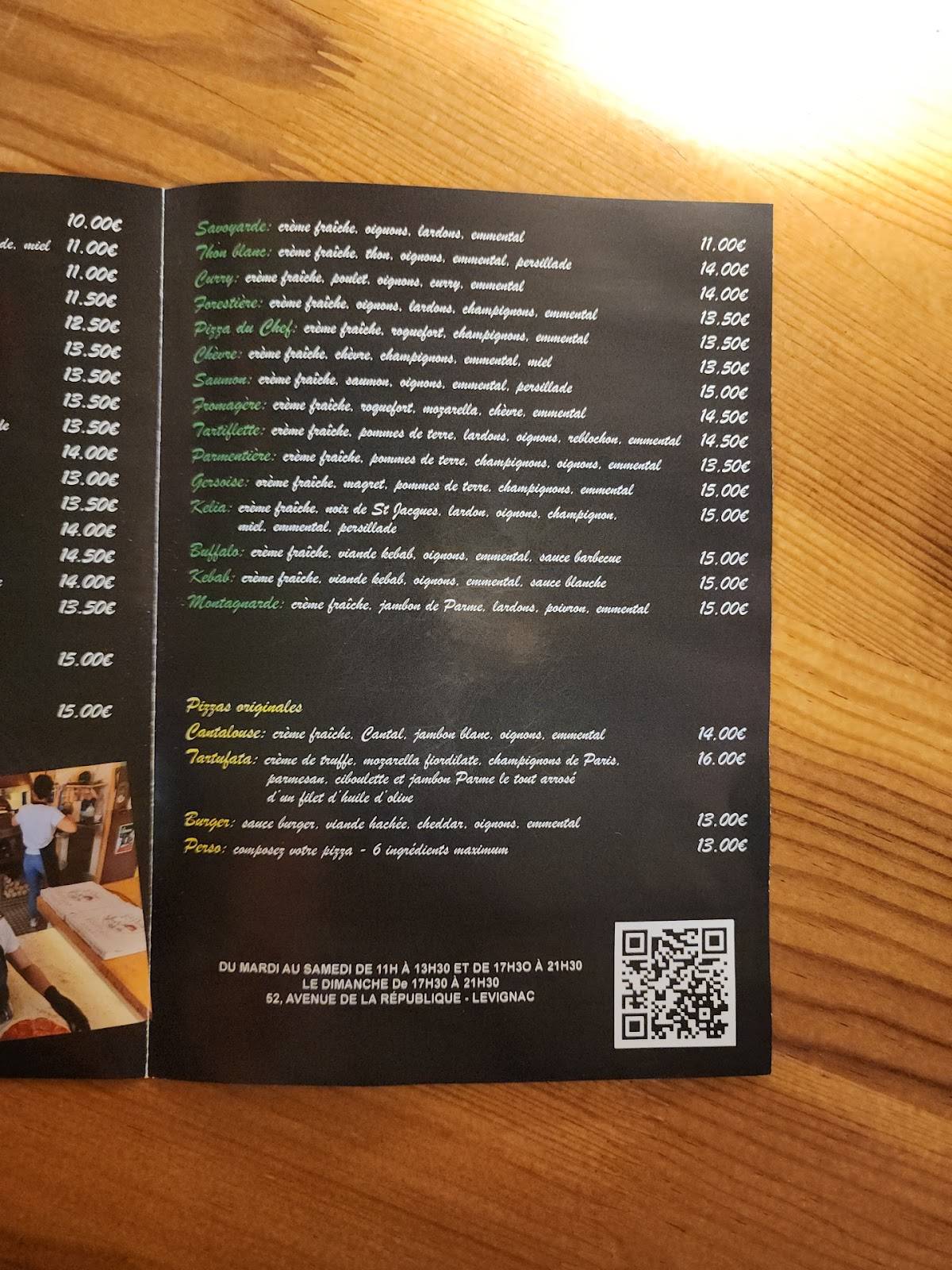 Menu at Pizza Vera pizzeria, Lévignac