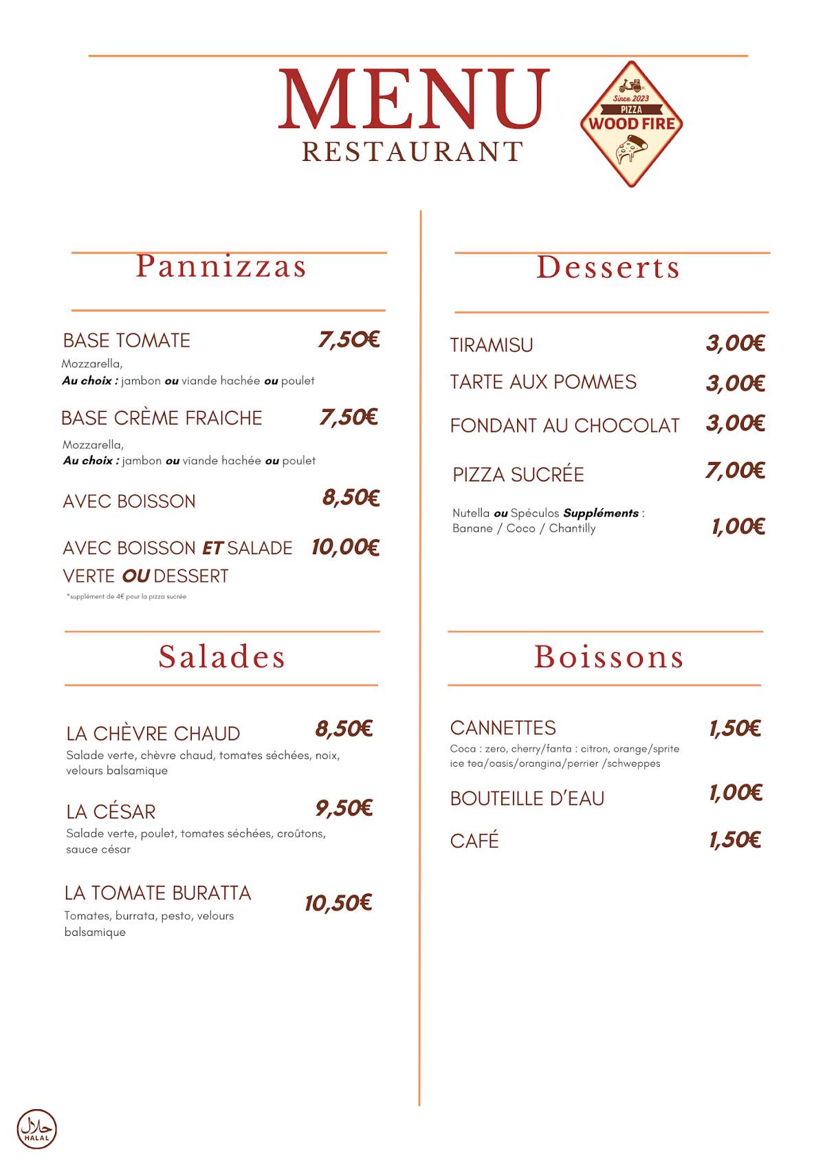 Menu au Pizza Wood Fire restaurant, Courtry