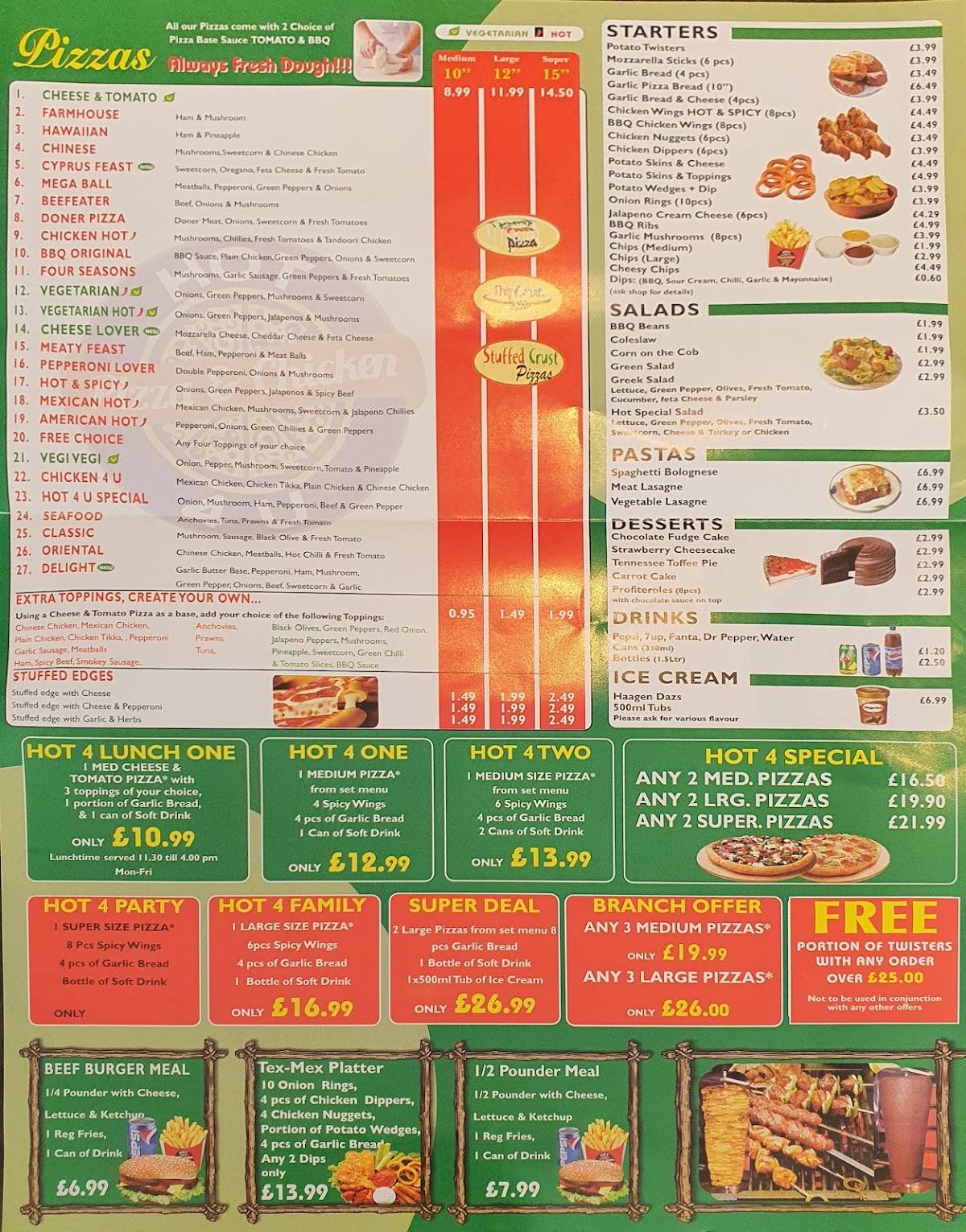 Menu at Pizza hot 4 u fast food, London, 24 Queenstown Rd