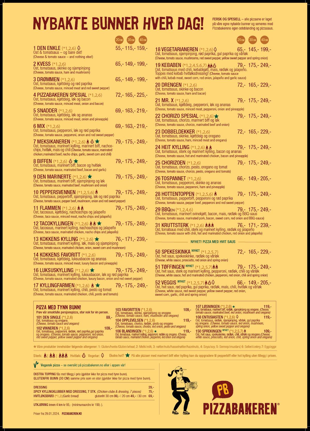 Menu at Pizzabakeren Mandal pizzeria, Mandal