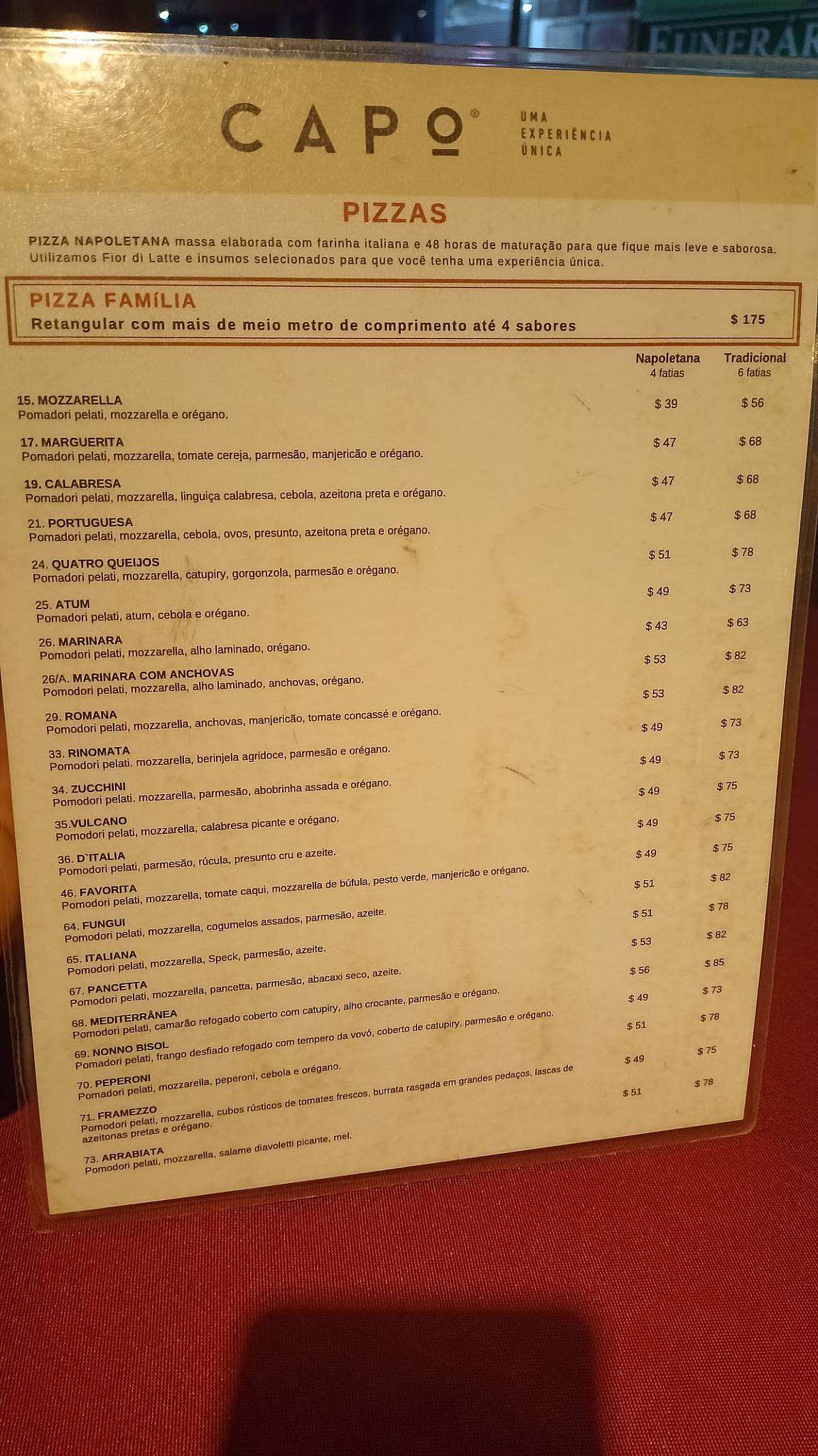 Menu em Pizzaria Capo, Brasília