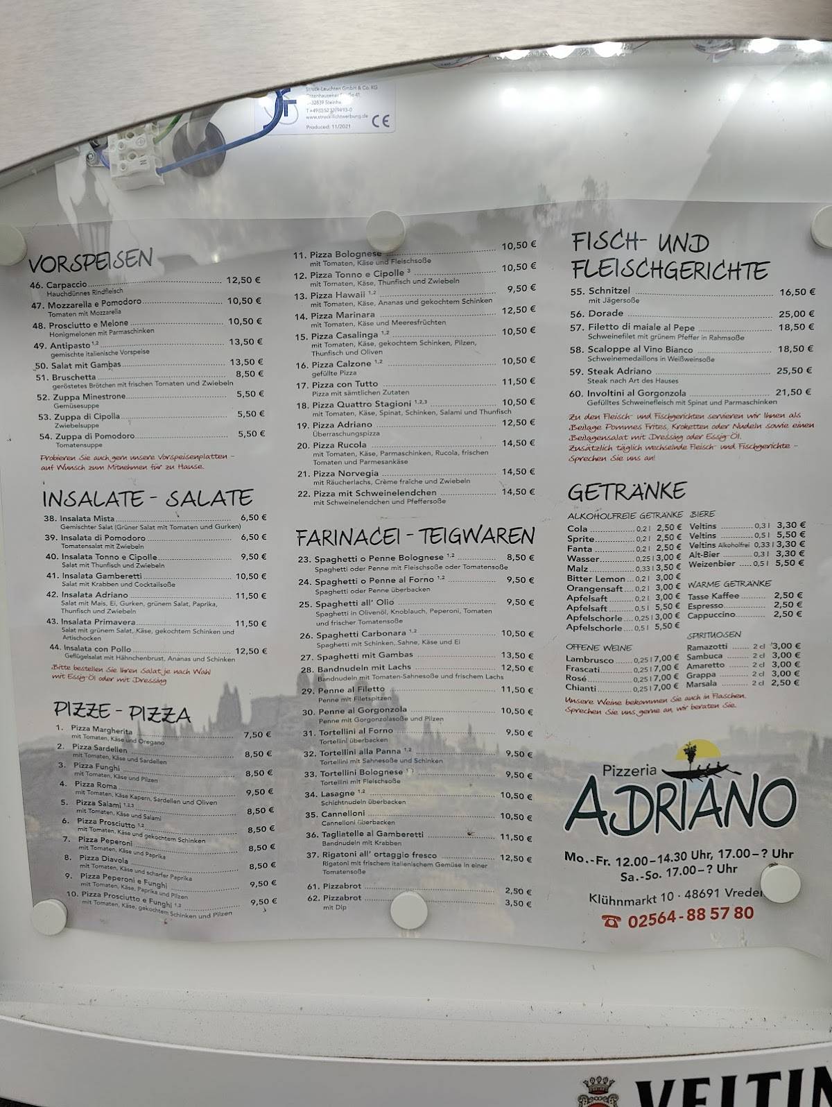 Speisekarte von Pizzeria Adriano, Vreden