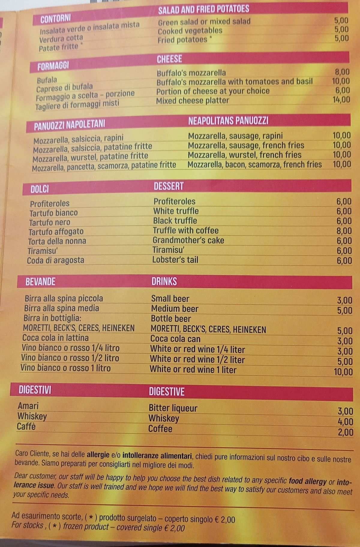 Menu da Pizzeria Bar Trattoria O Sole Mio, La Spezia