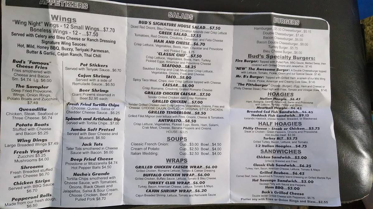Menu at Bud Murphy's pizzeria, Connellsville