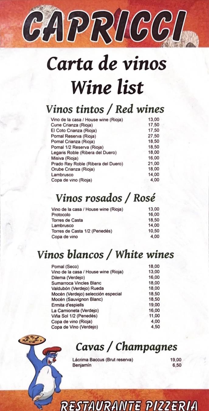 Menu at Pizzería Capricci, Sant Antoni de Portmany