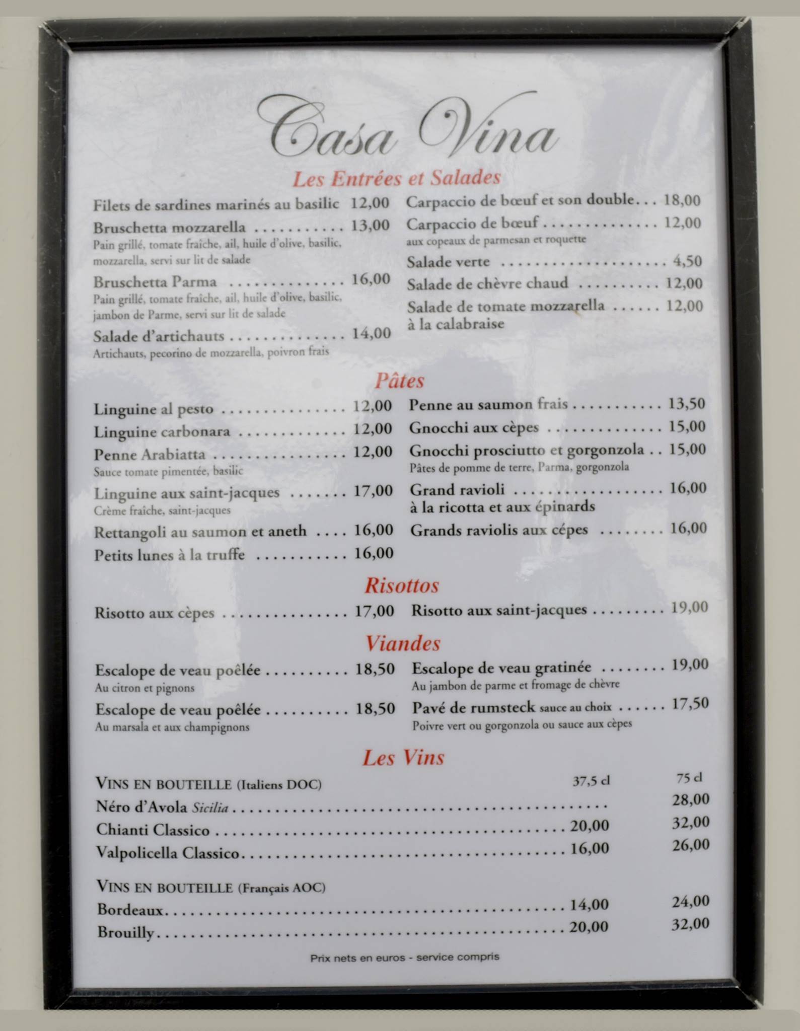 Menu at Casa Vina pizzeria, Paris, 6 Rue Rampon