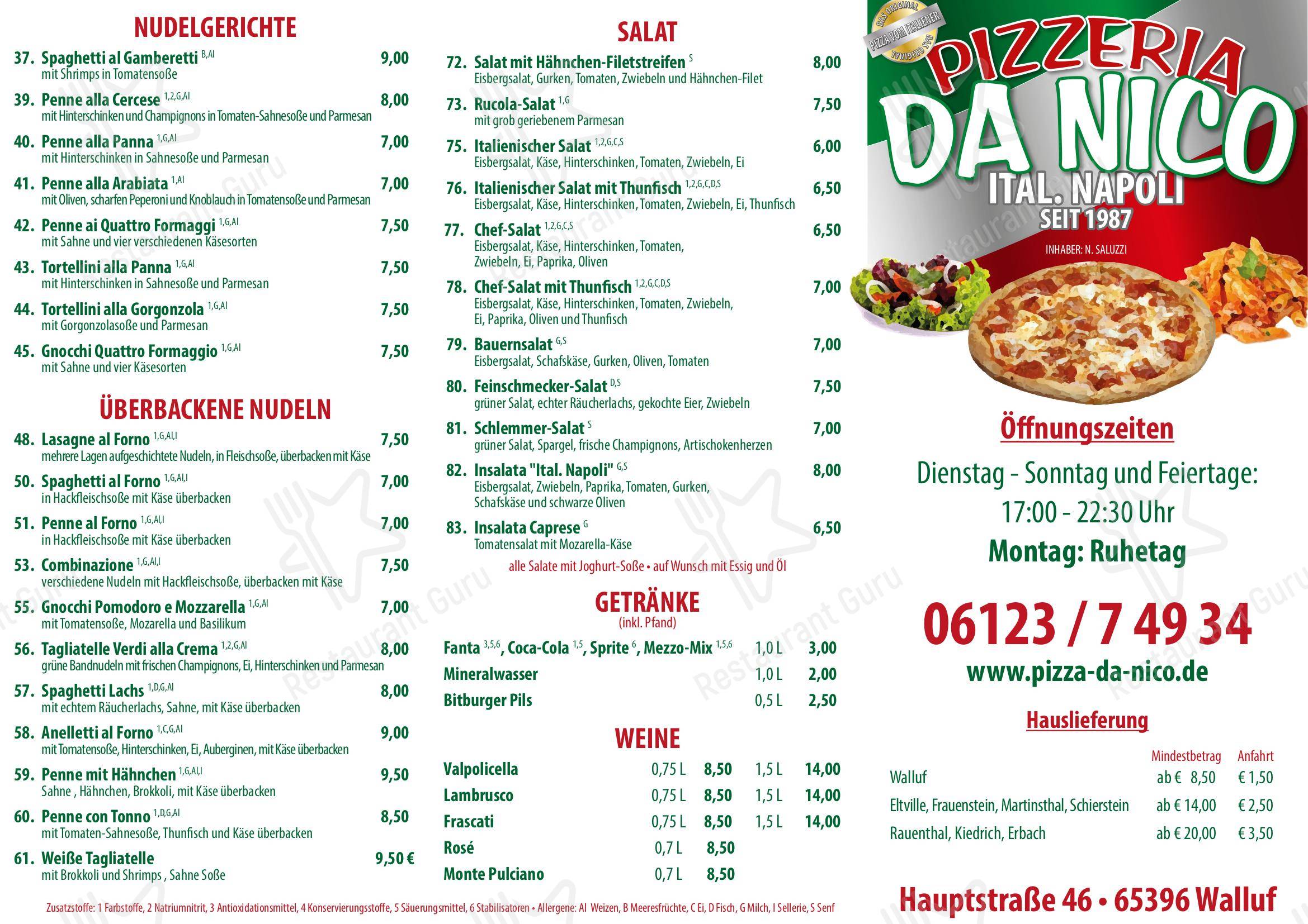 Speisekarte von Pizzeria Da Nico, Walluf