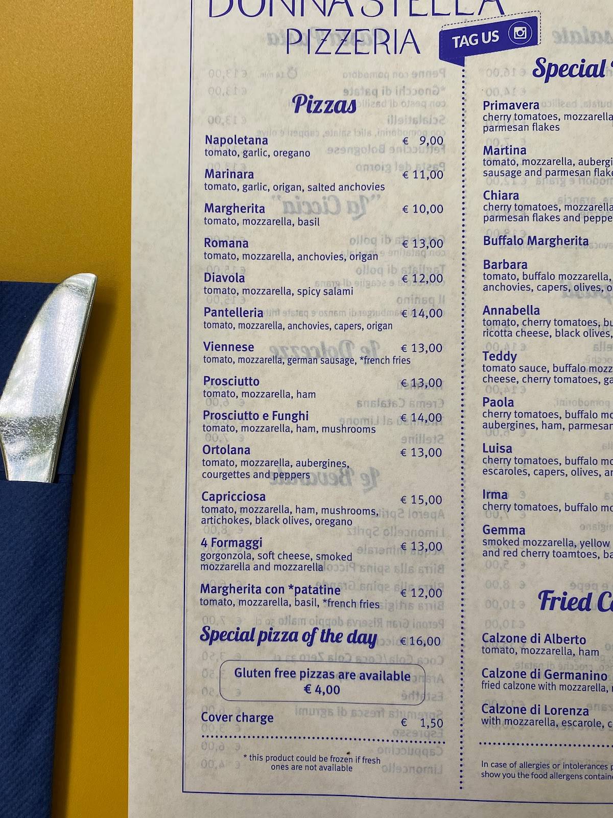 Menu at Pizzeria Donna Stella, Amalfi