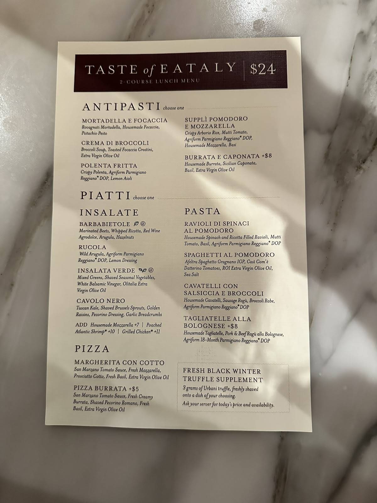 Menu at Eataly Sherway Gardens pizzeria, Toronto