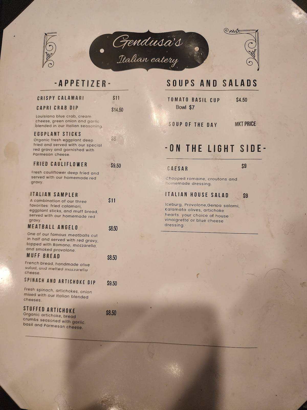Menu at Gendusa's Italian Eatery pizzeria, Kenner