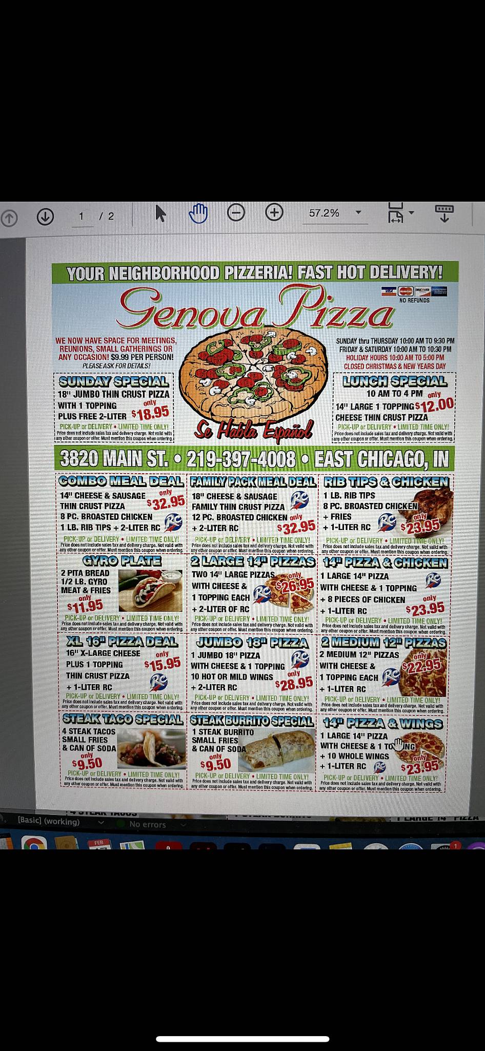 Menu at Genova Pizza pizzeria, East Chicago