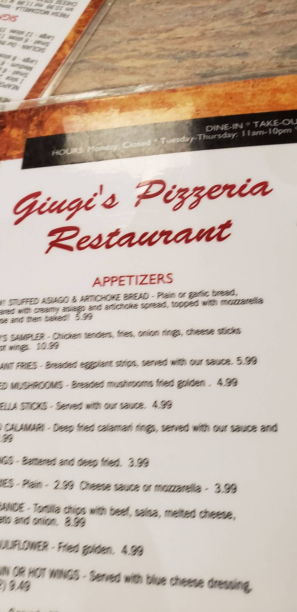 Menu at Giugi's pizzeria, Sunbury