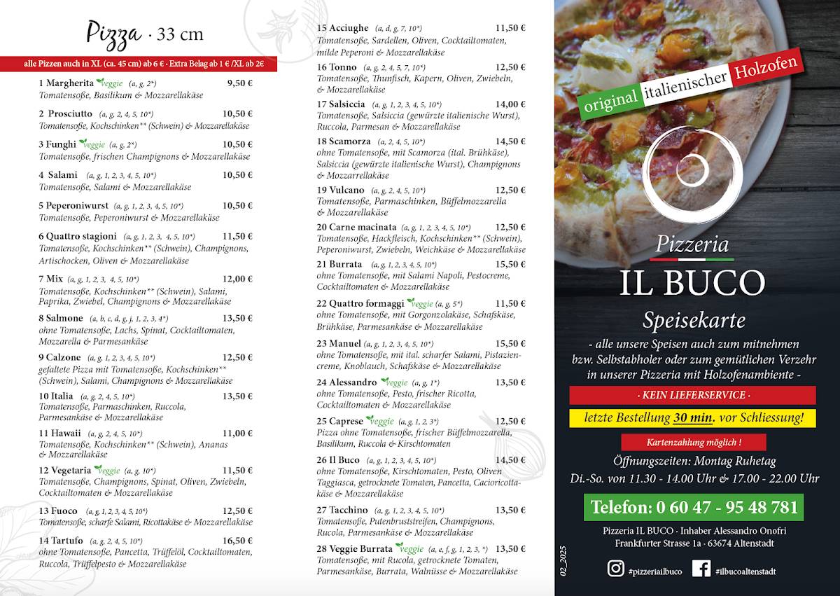 Speisekarte von Pizzeria Il Buco, Altenstadt