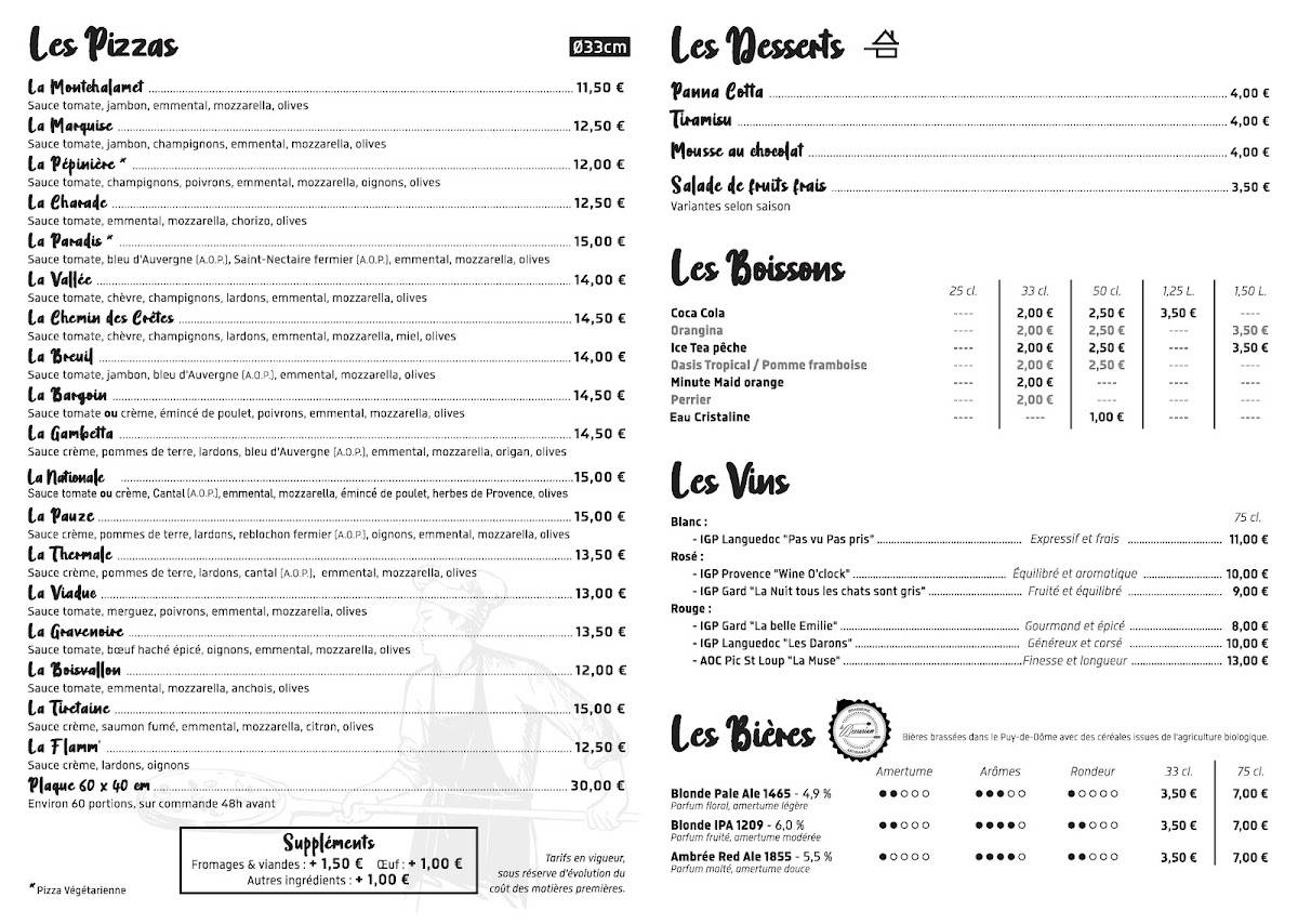 Carta de pizzería La Main à la Pâte, Royat
